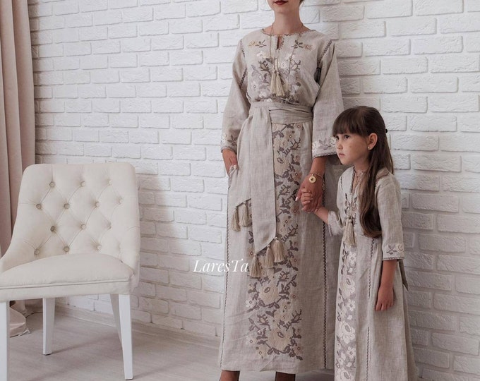 Earth Colors Natural Linen Embroidered Dresses for Mother and | Etsy