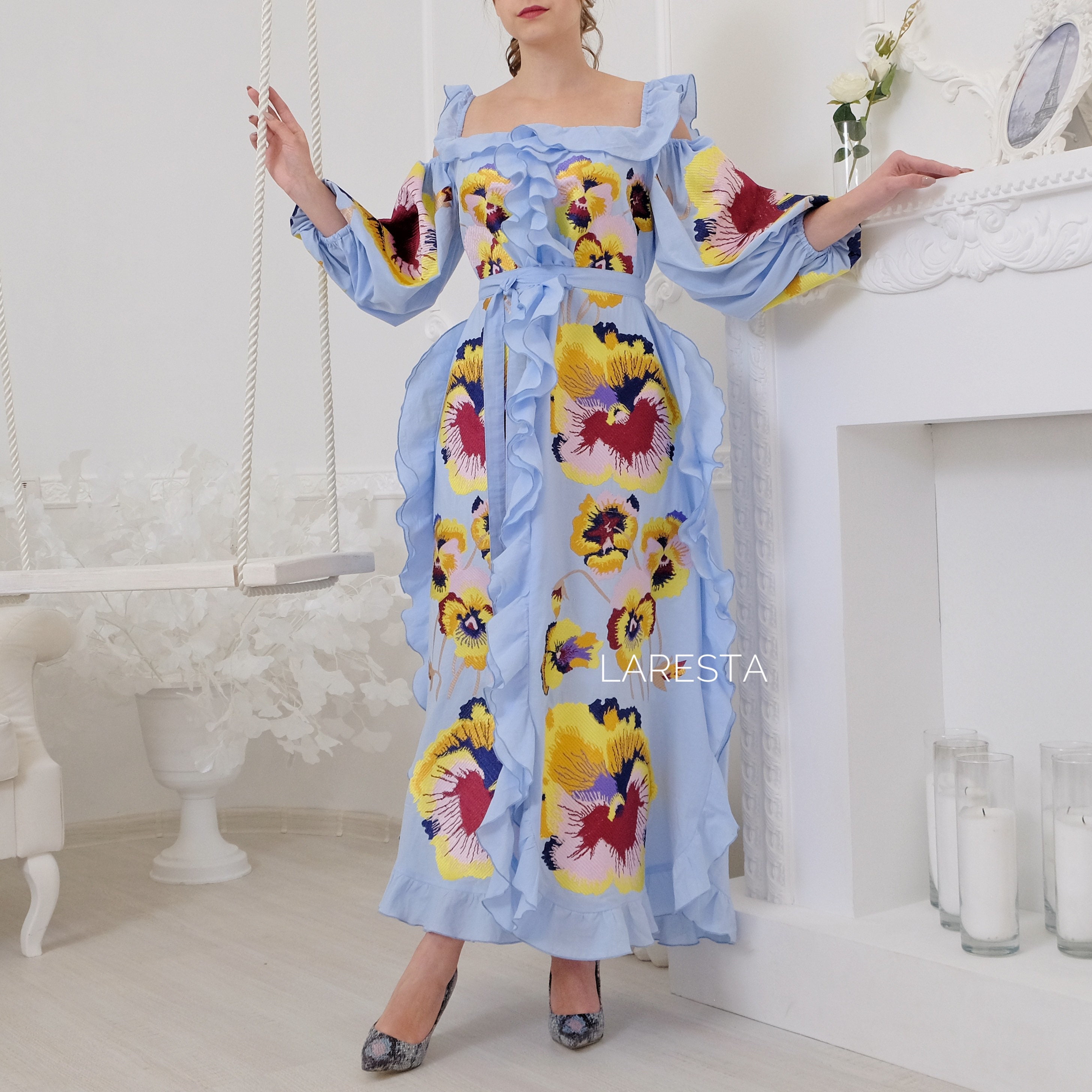 Embroidered Off-the-shoulder Cotton Batiste Dress. Bohemian Ukrainian ...