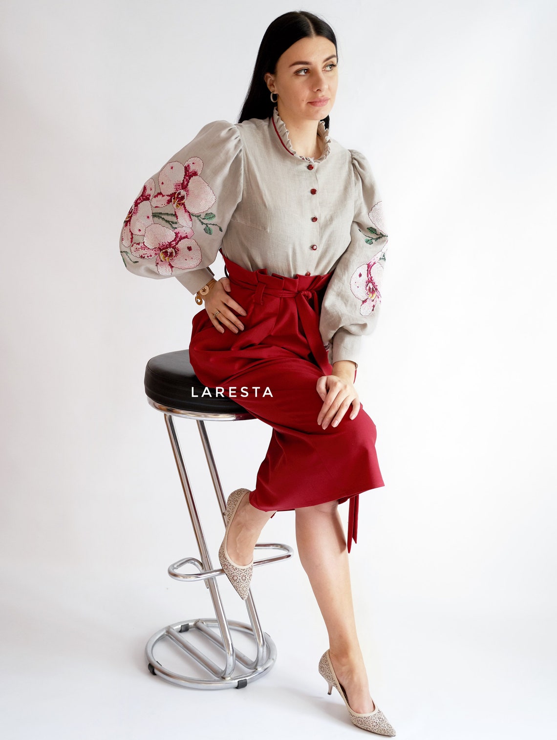 Embroidered Blouse With Dramatic Sleeves. Gray Linen Top With | Etsy