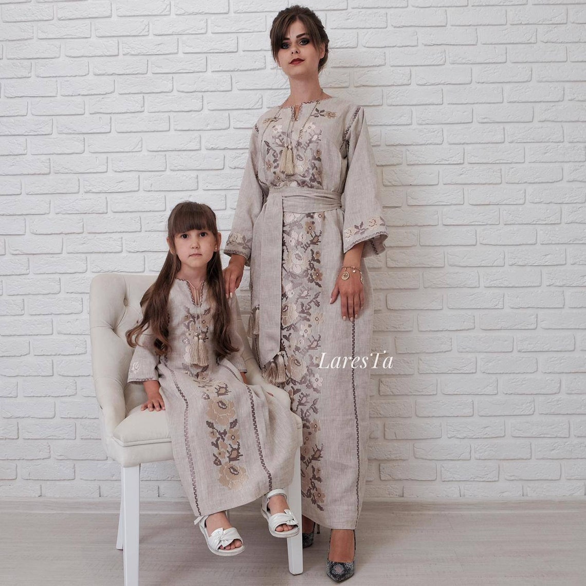 Earth Colors Natural Linen Embroidered Dresses for Mother and - Etsy
