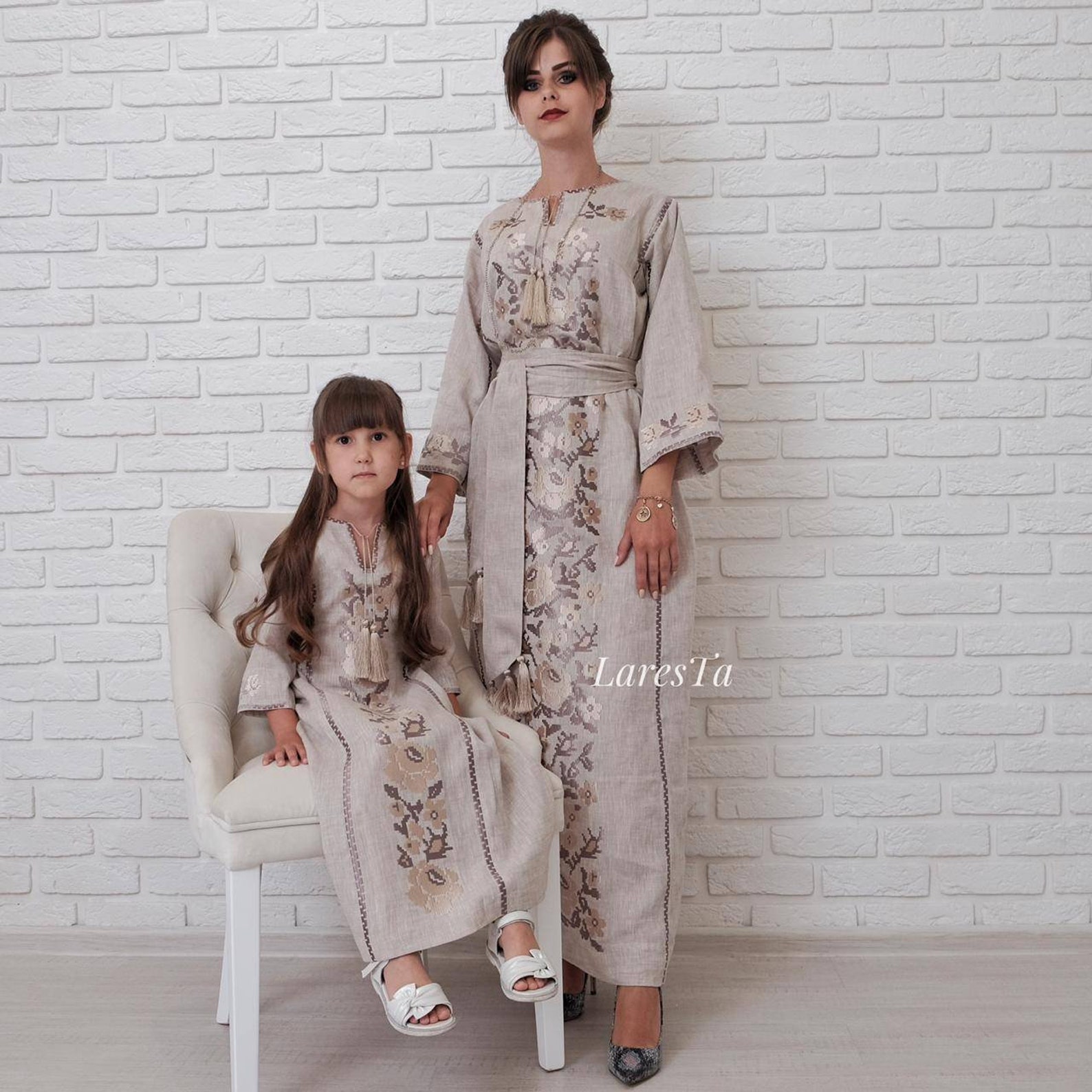 Earth Colors Natural Linen Embroidered Dresses for Mother and - Etsy