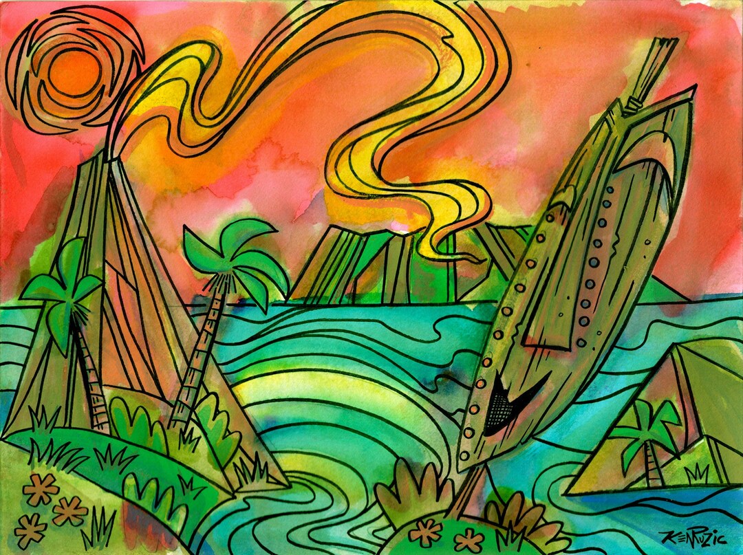 THE AWAKENING VOLCANO 9x12 Original Drawing on Watercolor Paper - Etsy