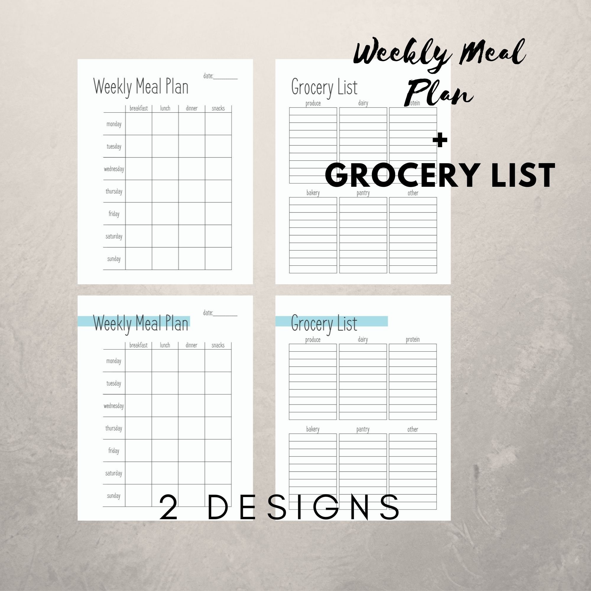 WEEKLY MEAL PLAN, Grocery List, Planning Tool, Clean Eating,2 Designs ...