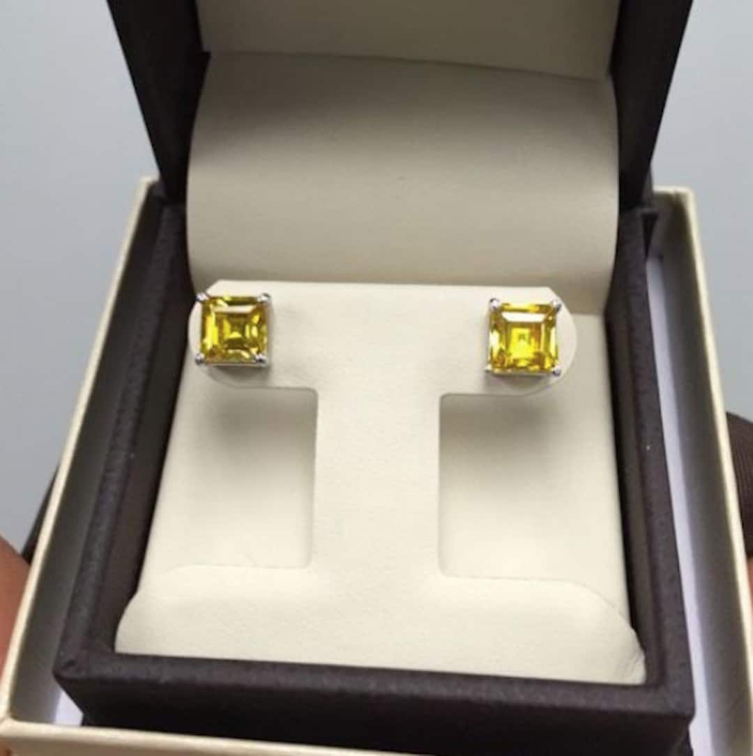 2.50 TCW Radiant Canary Yellow Princess Man Made Diamond Stud Earrings White, Yellow Solid Gold ...