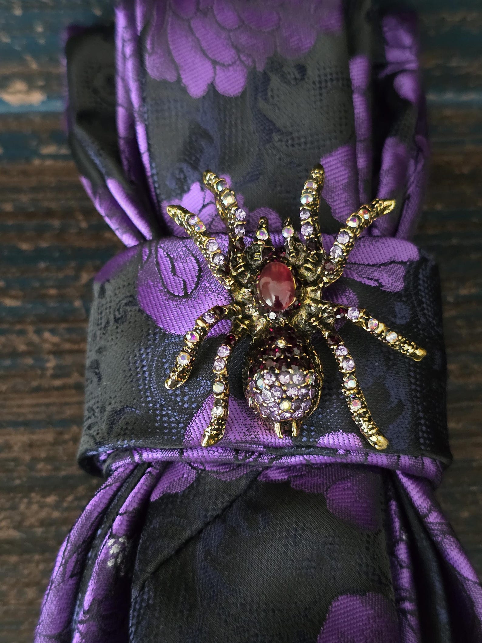 Purple Floral Tie Necklace: Rhinestone Spider Brooch, Rosary Chain - Etsy