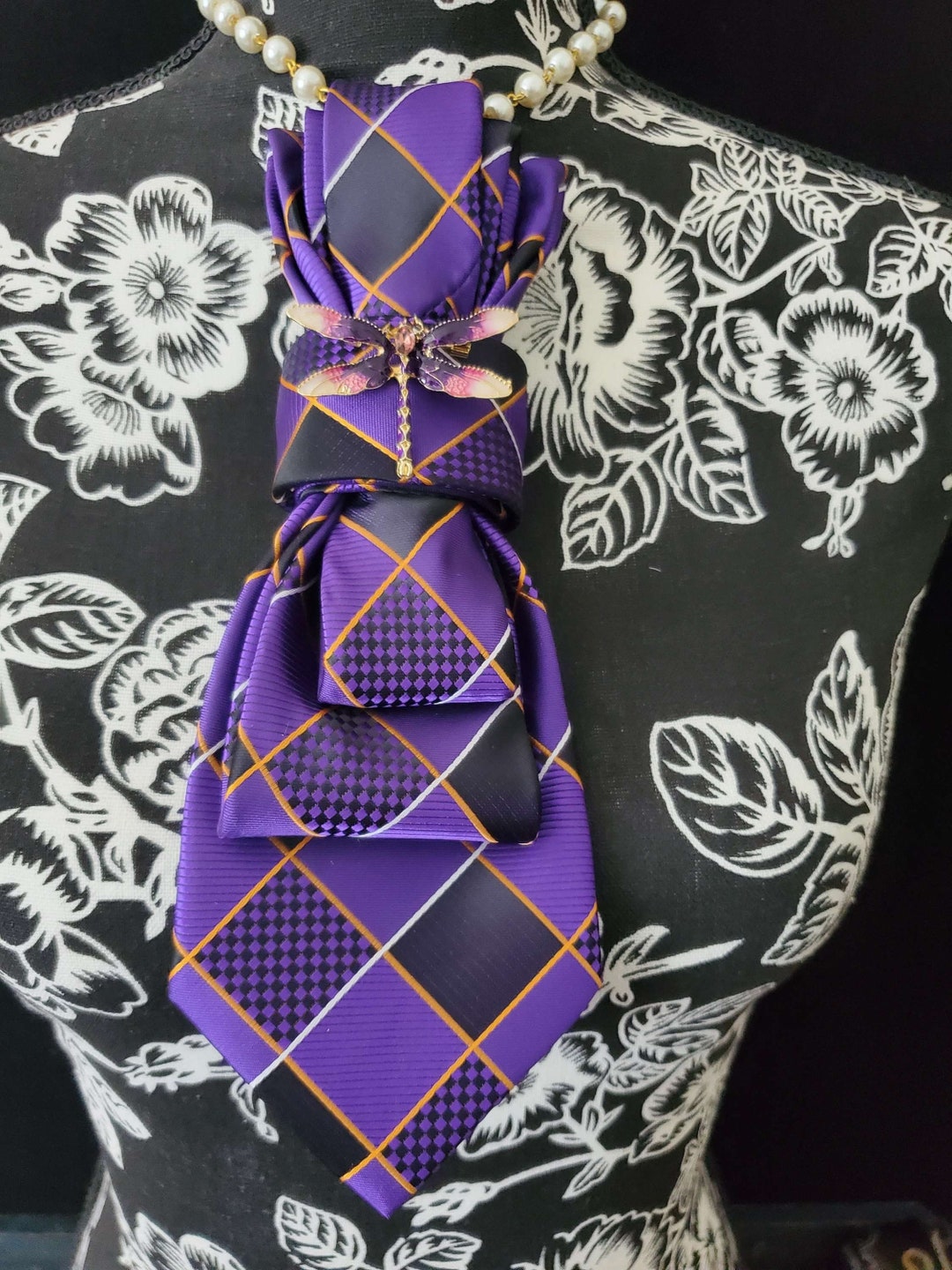Simply Elegant Purple Plaid Women's Necktie Necklace - Handcrafted Statement Jewelry - Dragonfly ...