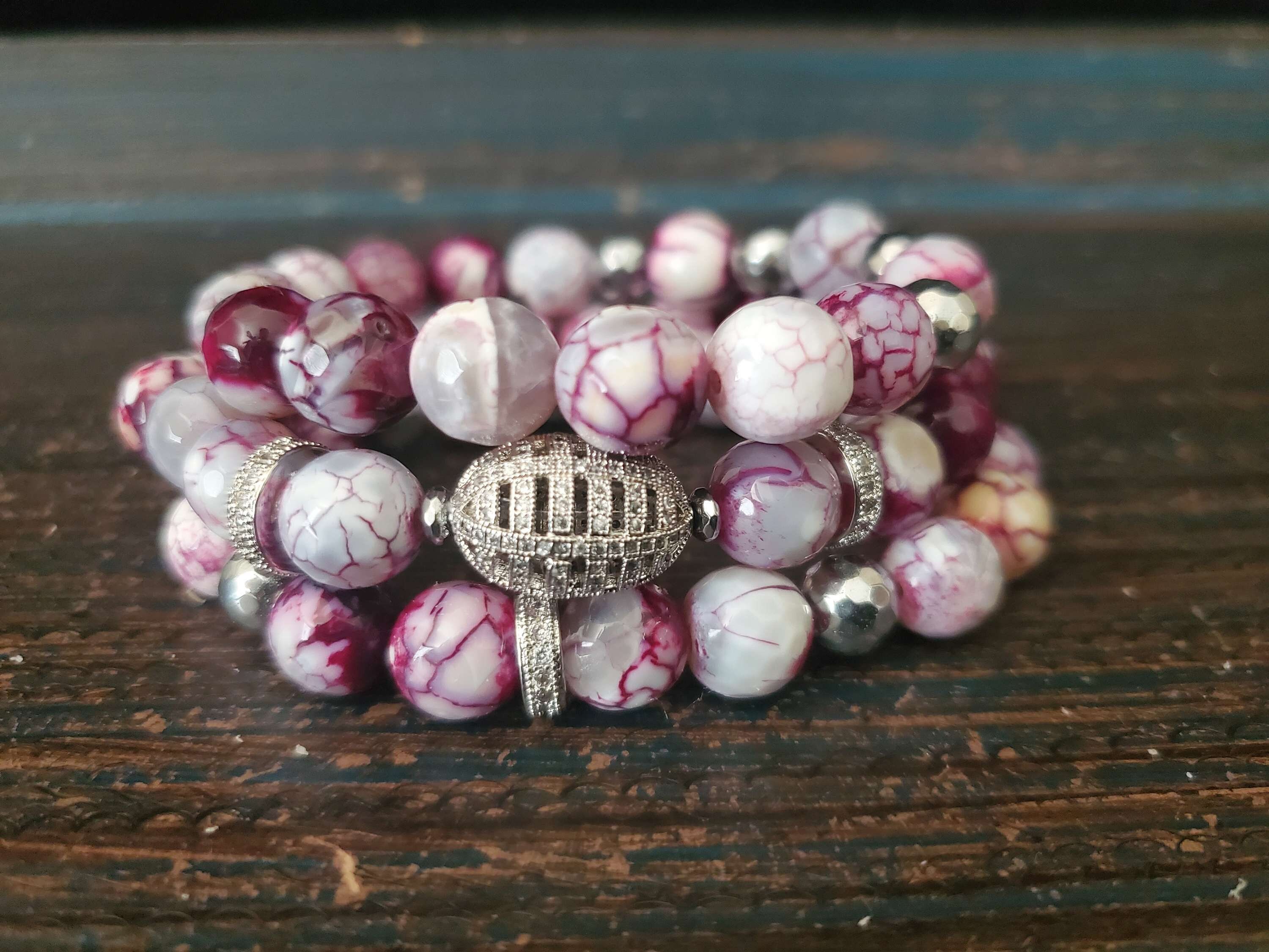 Purple Fire Agate Beaded Bracelet Stack: Rhinestone & Hematite Accents ...
