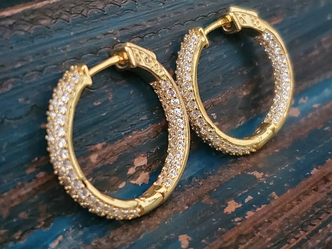 Gold CZ Iced Out Hoop Earrings: .75" Round Hoops - Etsy