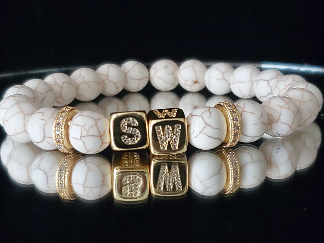 Men's Initial Bracelet: White Magnesite Beads, Gold Filled Letter Cubes ...