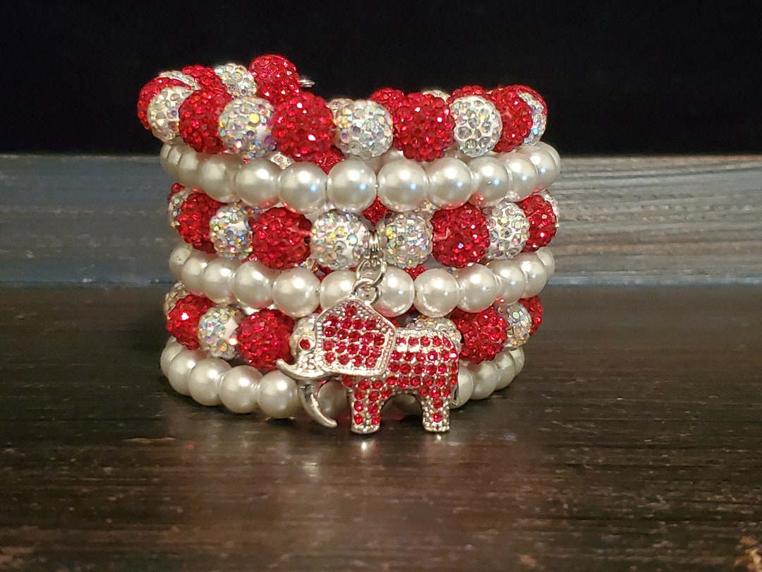 Red and White Pearl Bracelet Stack: Rhinestone Elephant Charm - Etsy
