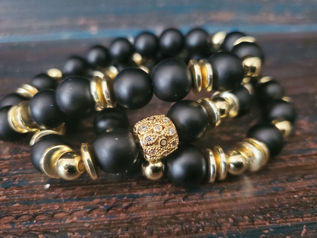 Onyx & Gold Beaded Bracelet Stack for Women, Beaded Stacked Bracelet ...