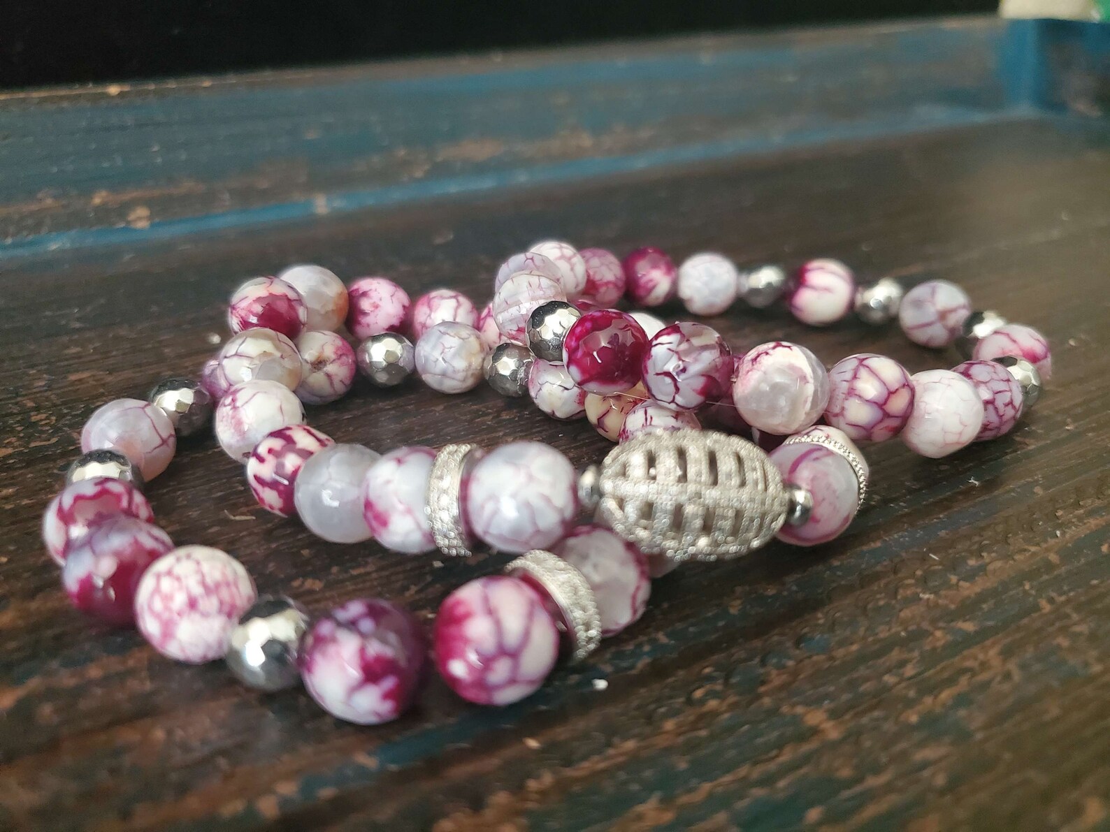 Purple Fire Agate Beaded Bracelet Stack: Rhinestone & Hematite Accents ...