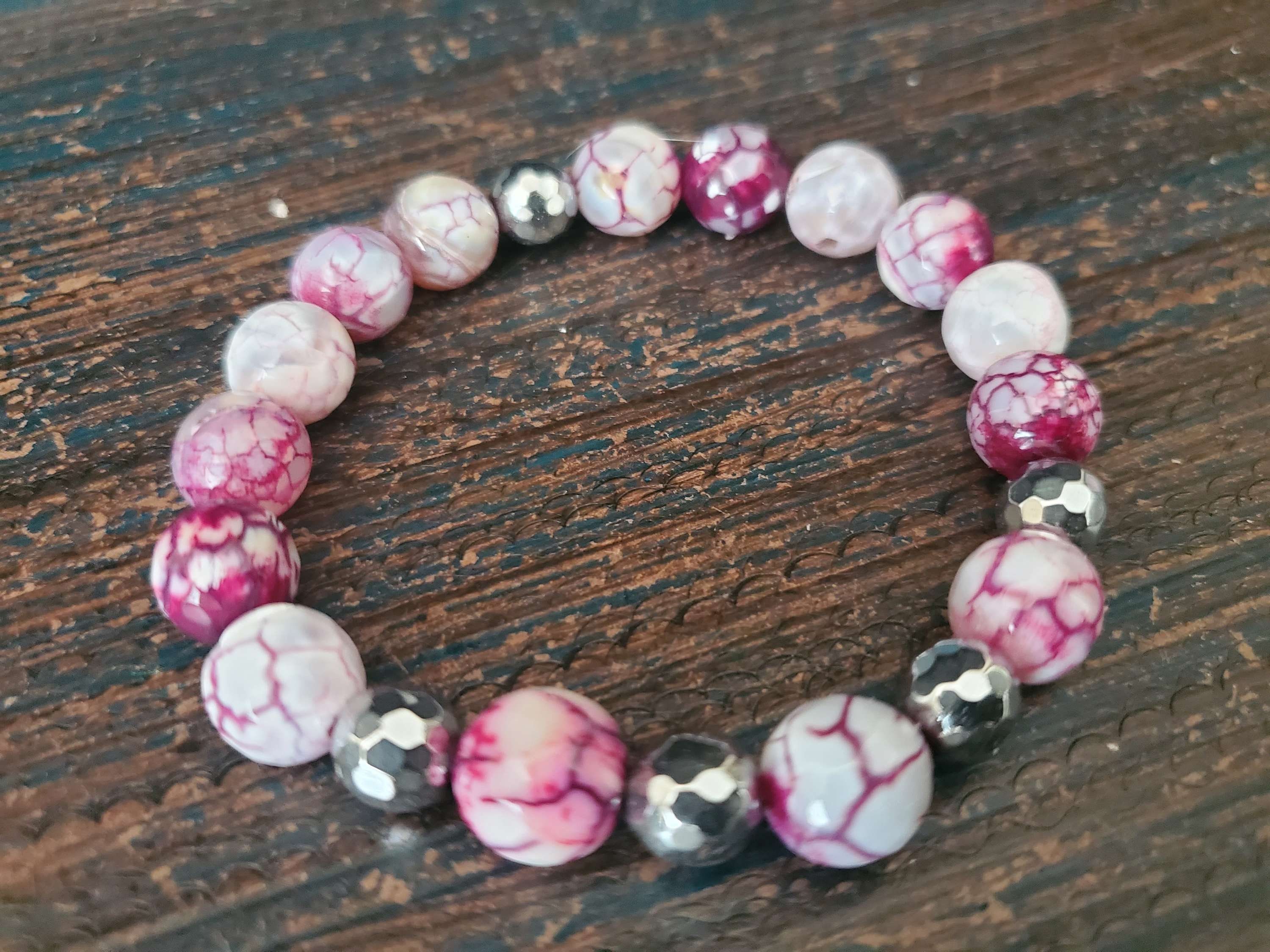 Purple Fire Agate Beaded Bracelet Stack: Rhinestone & Hematite Accents ...