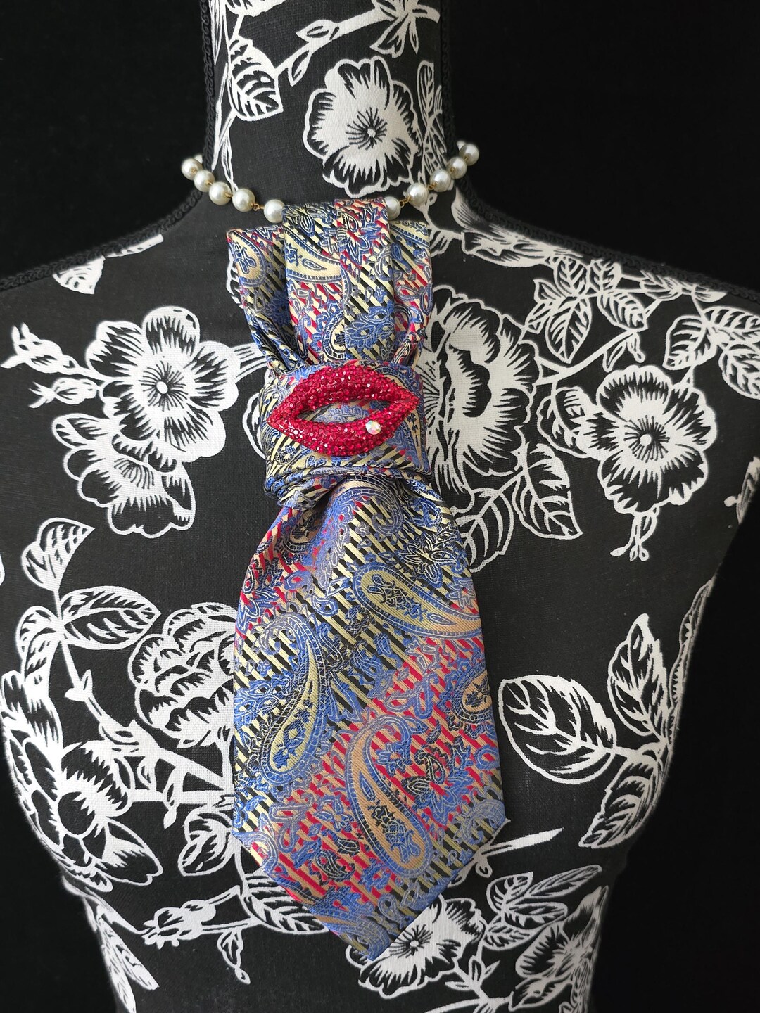 Red, Blue & Black Paisley Women's Necktie Necklace - Handcrafted Jewelry - Brooch Necktie ...