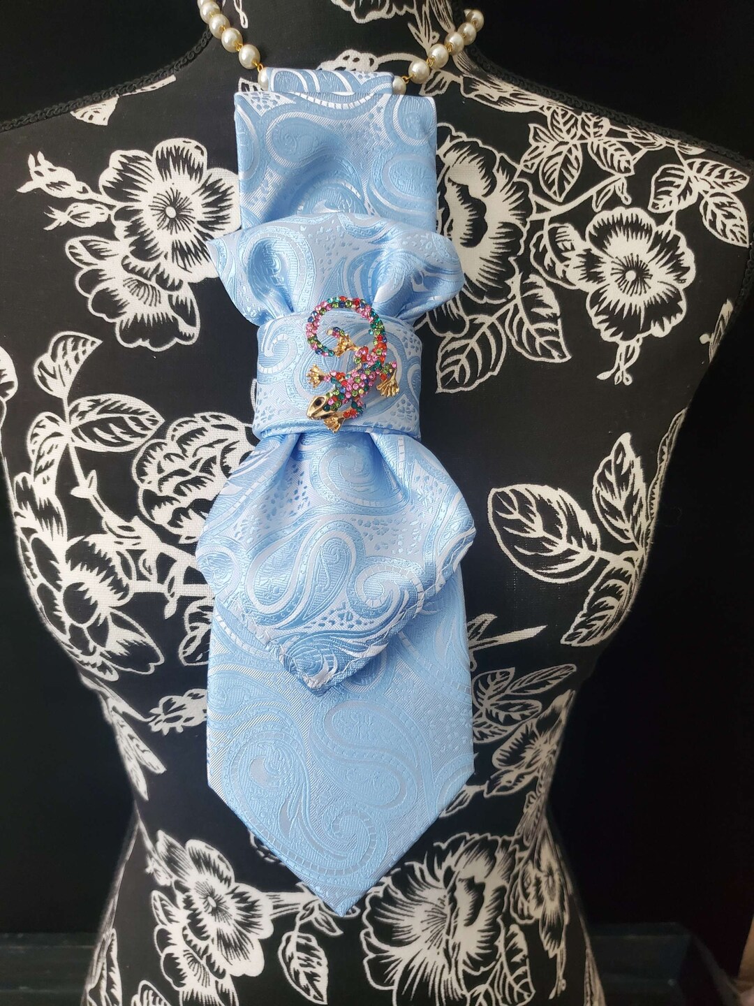 Simply Elegant Baby Blue Paisley Women's Necktie Necklace Handcrafted Statement Jewelry Brooch ...