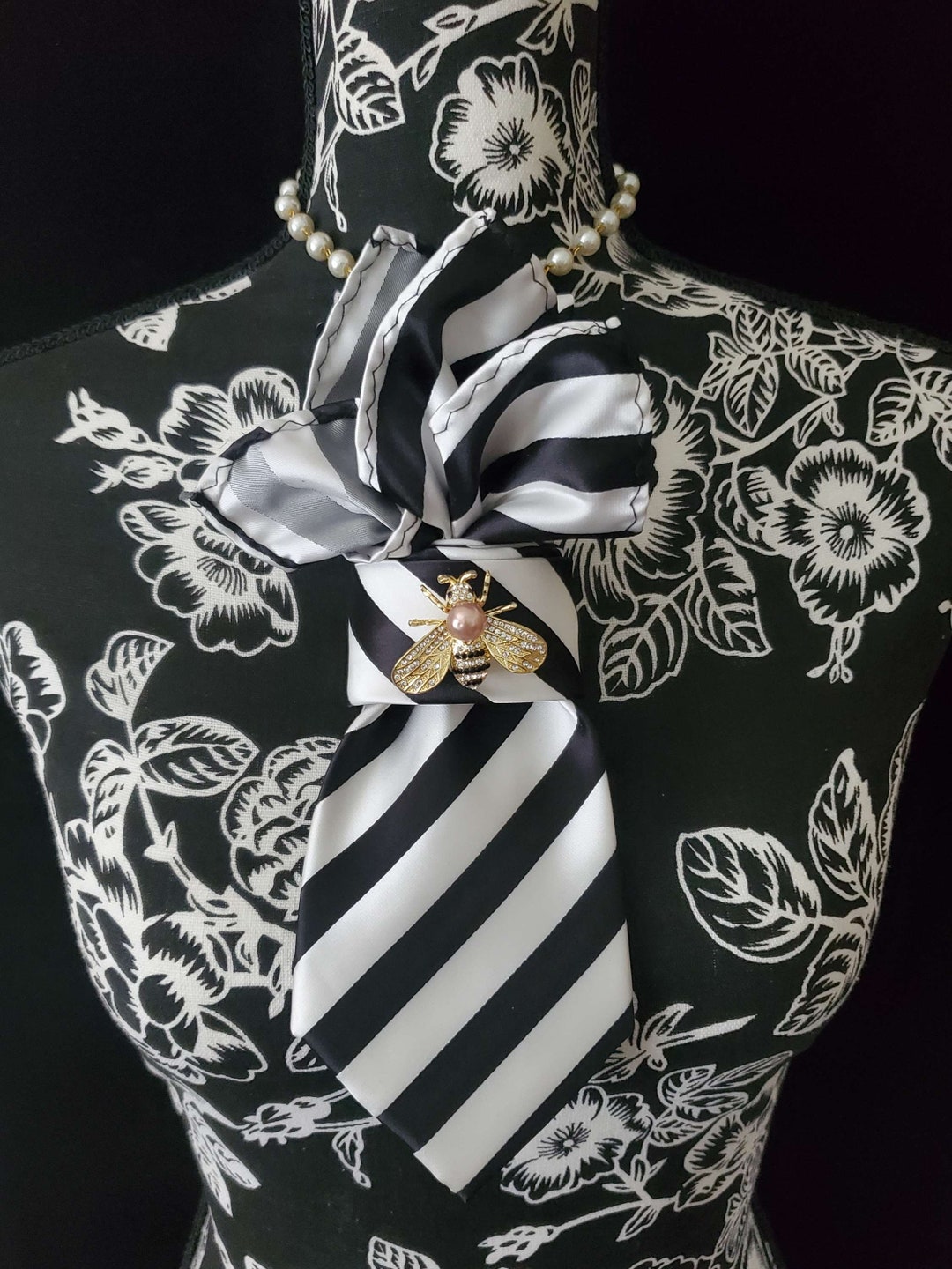 Black & White Necktie Necklace With Bumble Bee Brooch | Statement ...