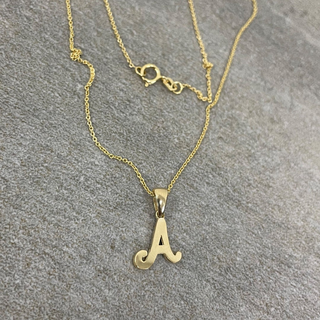 Solid 14k Yellow Gold Mini Script Initial Charm Cursive Letter Pendant Necklace - Etsy
