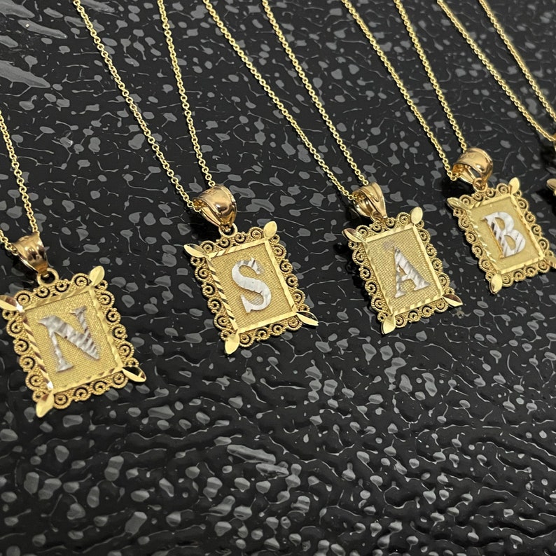 14K Gold Initial Pendant Necklace, Filigree Two-tone Rectangle - Etsy