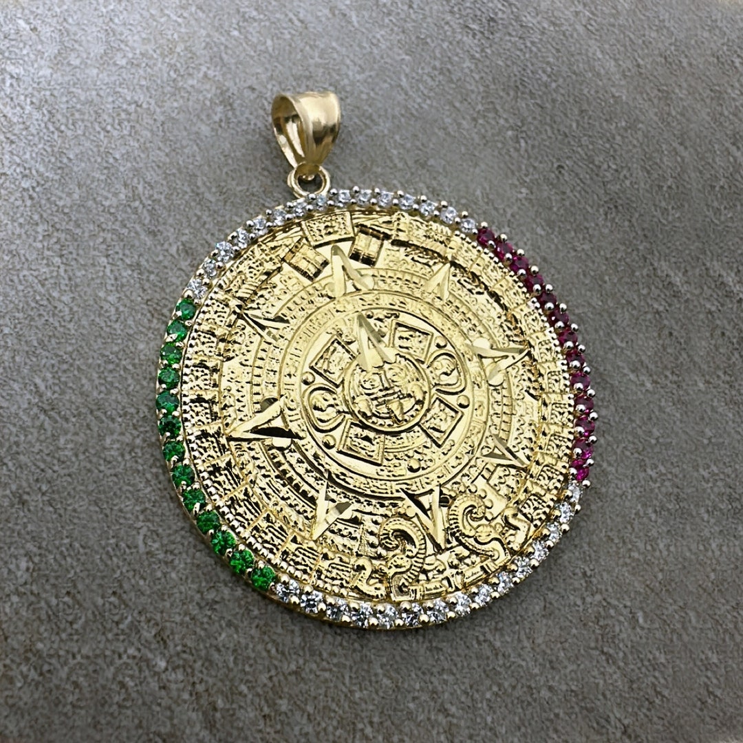 14k Yellow Gold CZ Aztec Calendar Medallion Pendant - Etsy