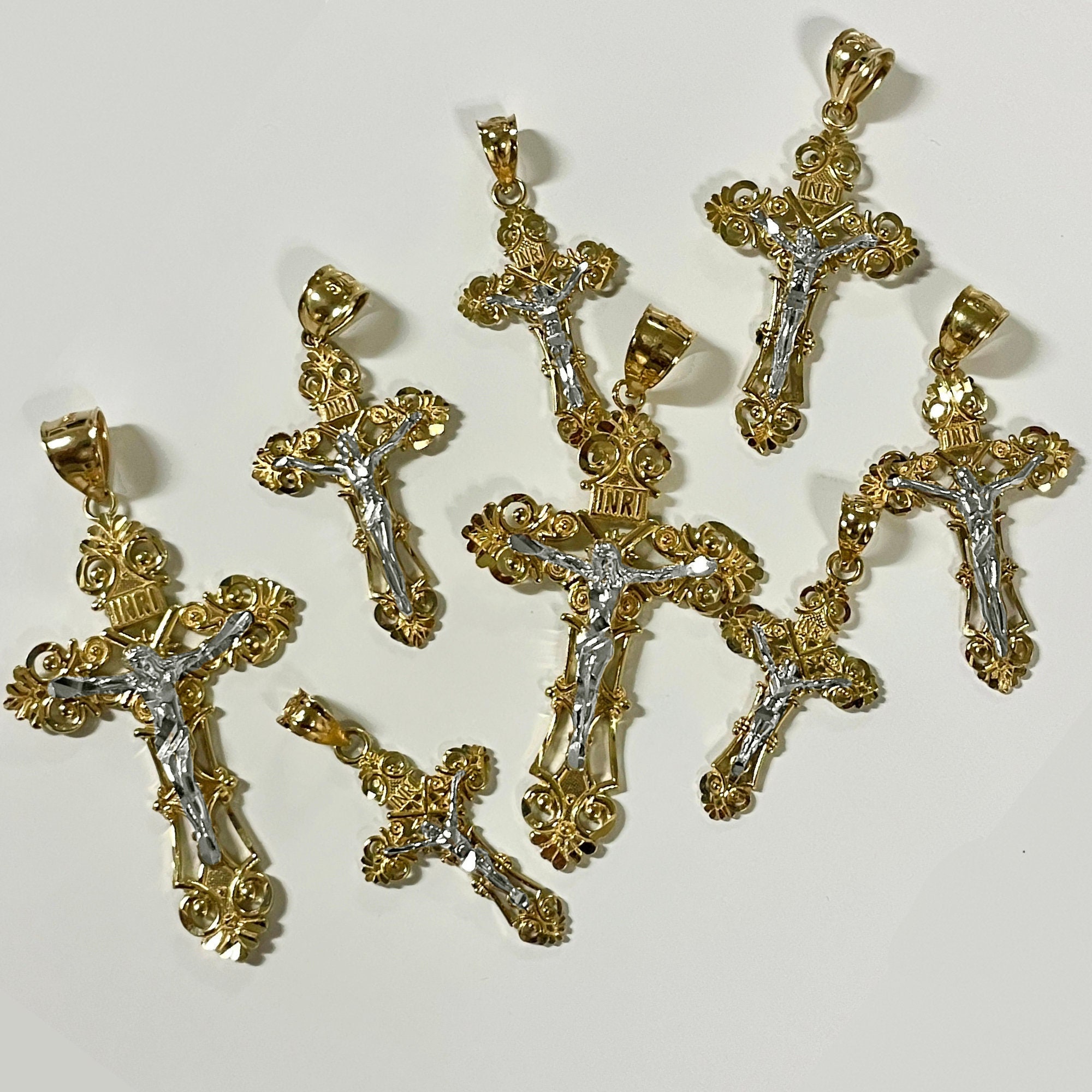 Solid 14k Two Tone Gold Roman Catholic Cross INRI Fleur De Lis Jesus ...