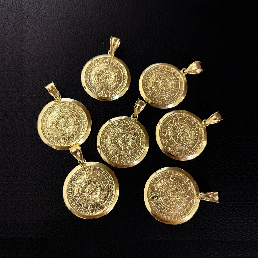 Real 14k Yellow Gold Aztec Calendar Medallion Charm Mayan Sun Wheel ...