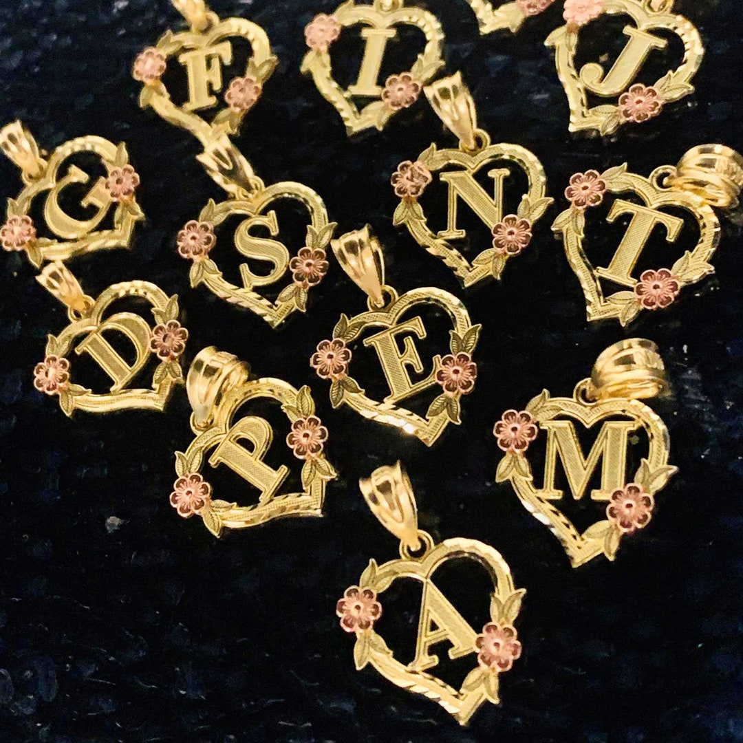 Solid 14K Yellow and Rose Gold Heart Flower Initial Letter Charm ...