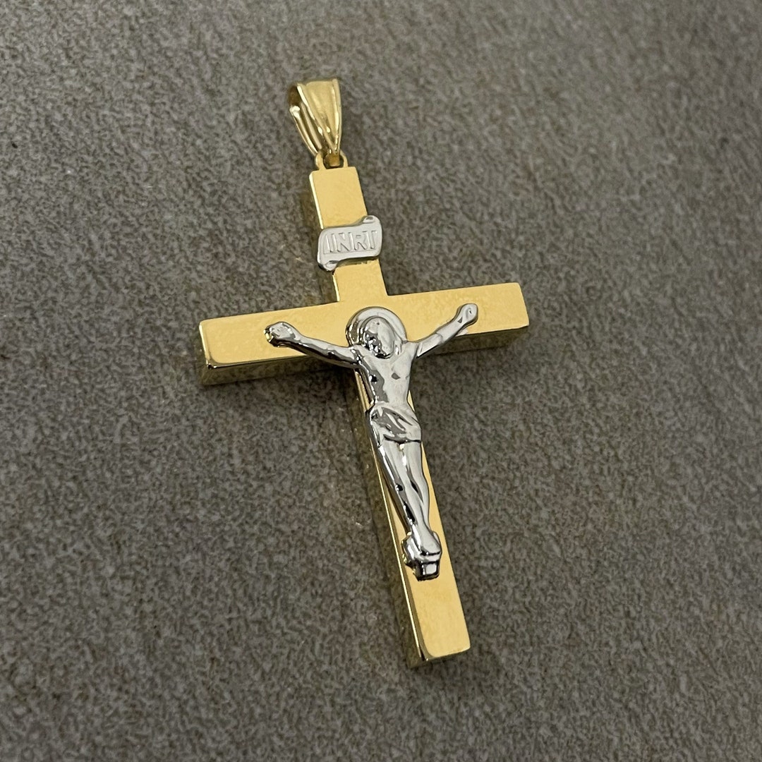 14k Gold Classic Personalized Religious Cross Two Tone INRI Crucifix ...