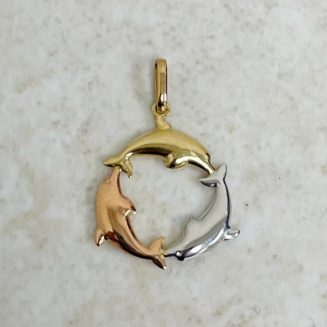 Solid 14k Tri-color Gold Round 3D Three Dolphins Swimming in Circle ...