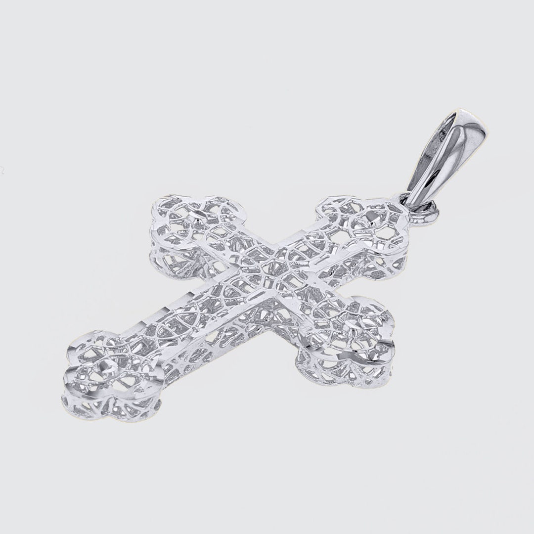 Handcrafted Textured 14K White Gold Eastern Orthodox Cross Charm ...