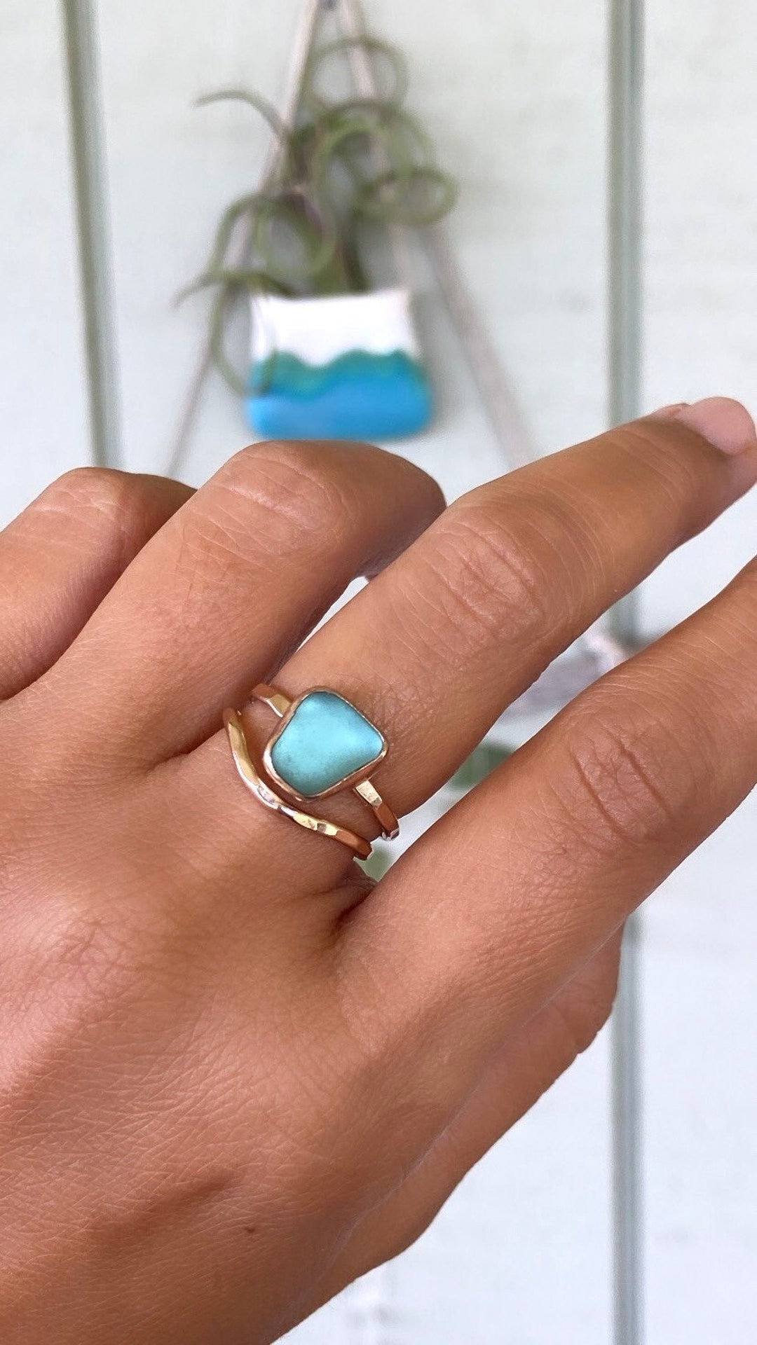 Beautiful Turquoise Blue Sea Glass Stacking Rings/ 14K Gold Filled Ring ...