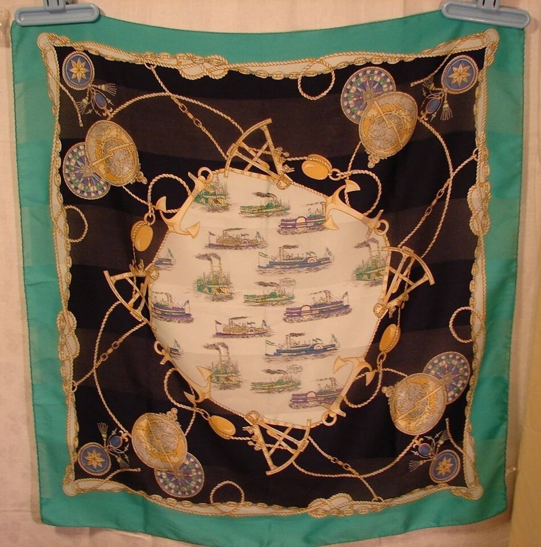 Nautical Steam Boats Scarf Rope Anchors Italy 34 X 35 Aqua Navy Blues ...