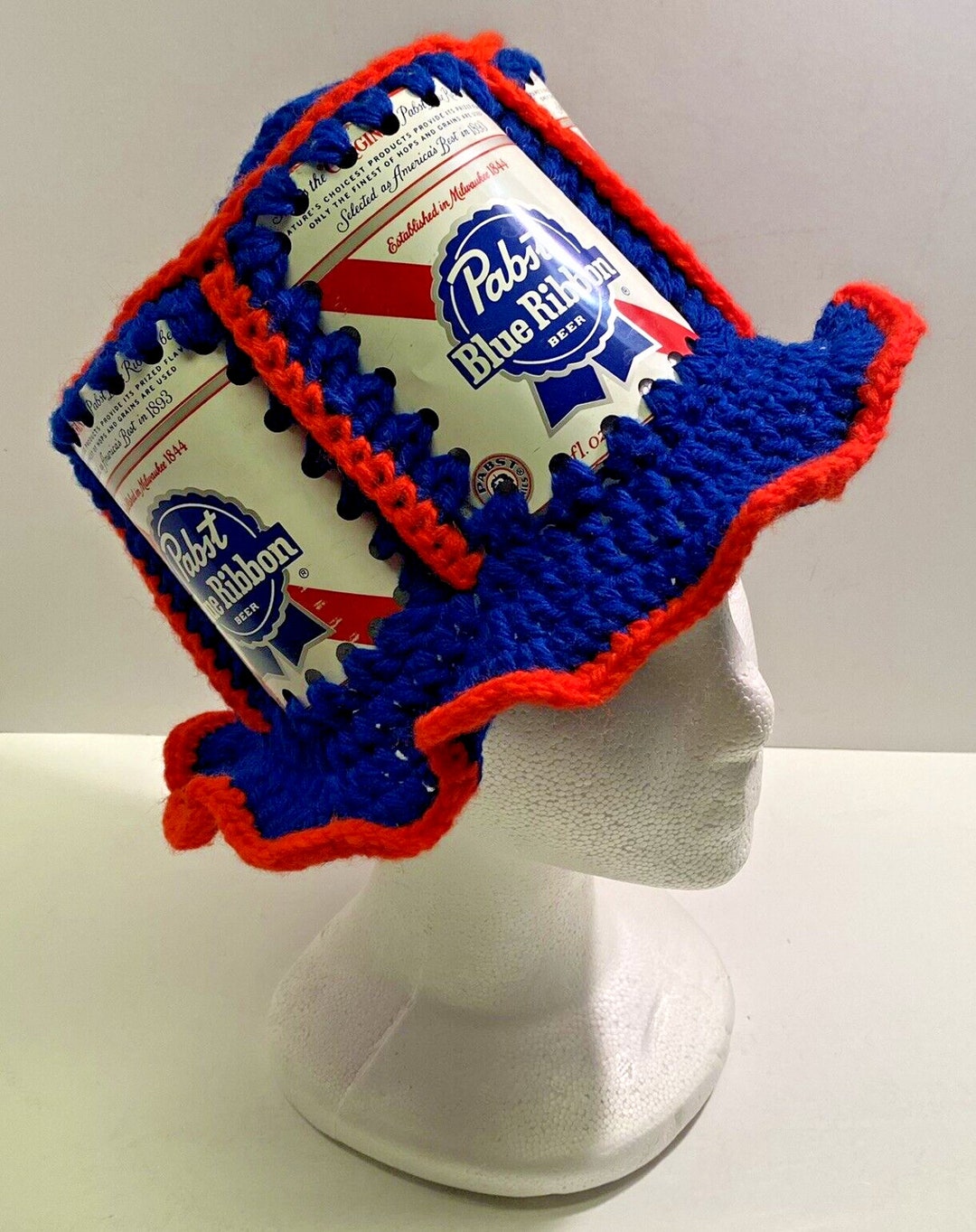 Vintage Pabst Blue Ribbon PBR Beer Can Crocheted Hat Red Blue Yarn ...