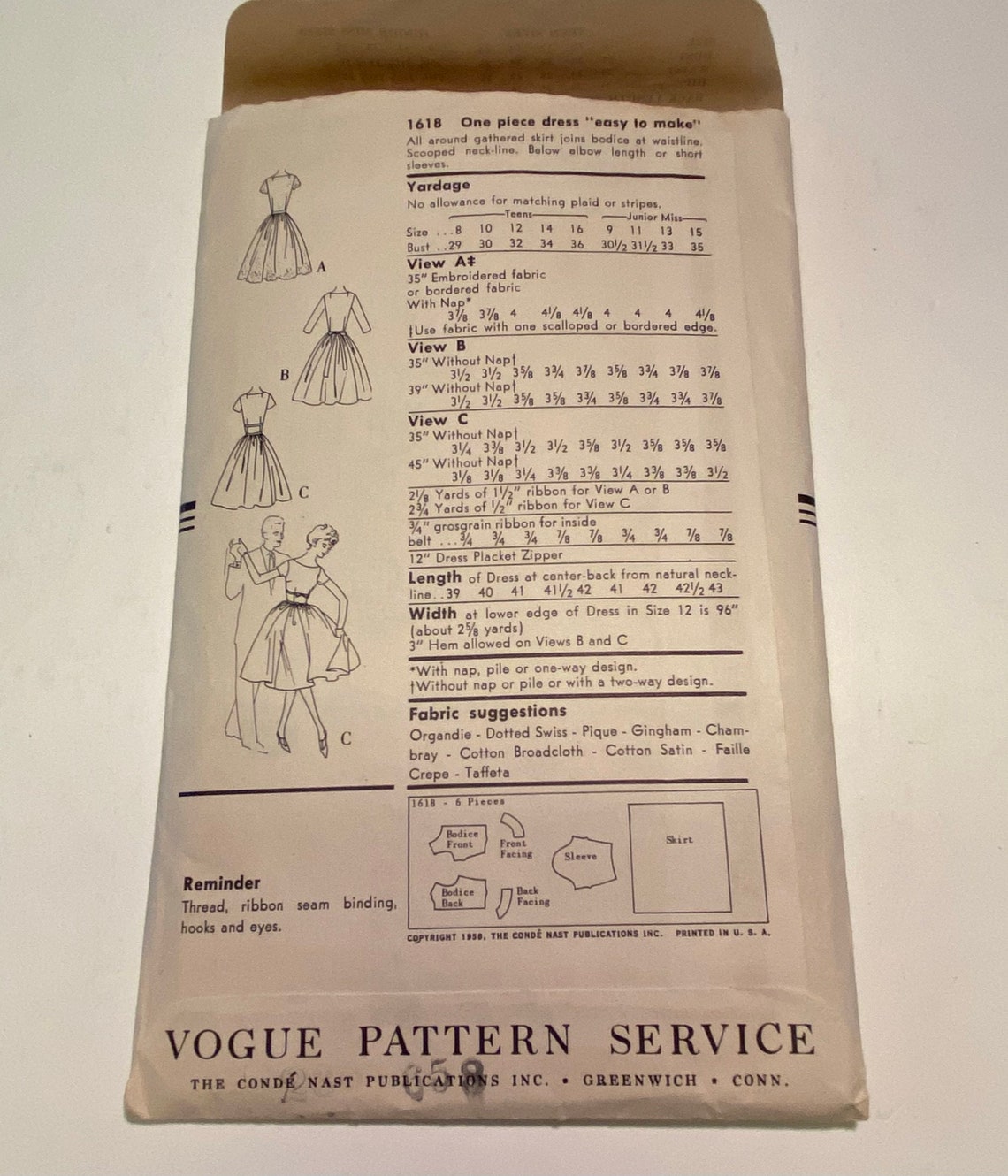 Vogue 1950s Sewing Pattern Vintage 1958 Dress Teen Size 12 Bust 32 ...