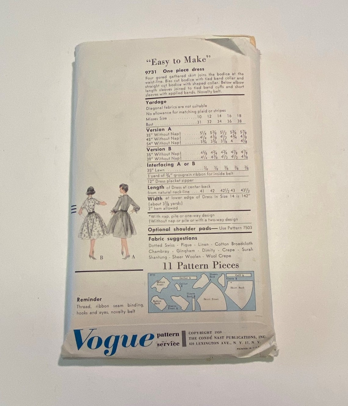 One Piece Dress Sewing Pattern Vogue 9731 Size 12 Bust 32 Hip 34 ...