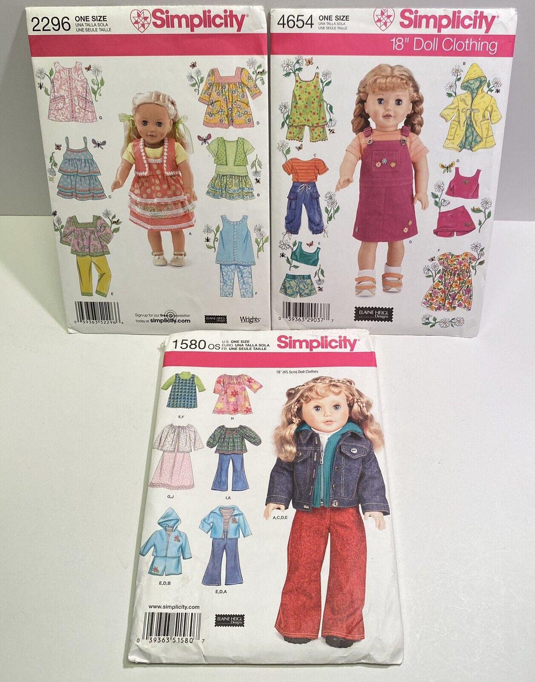 3 Simplicity 18" Doll Wardrobe Clothes Pattern 2296 4654 1580 Uncut ...