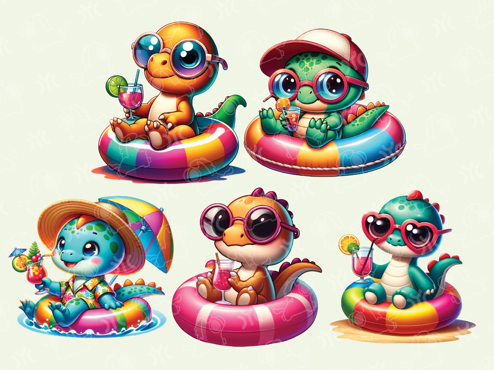 Floating Dinosaur Clipart Bundle, Animals Clipart, Summer PNG, Beach ...