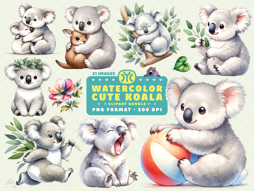 Watercolor Cute Koala Clipart, Cute Koala PNG, Koala Clipart Bundle ...