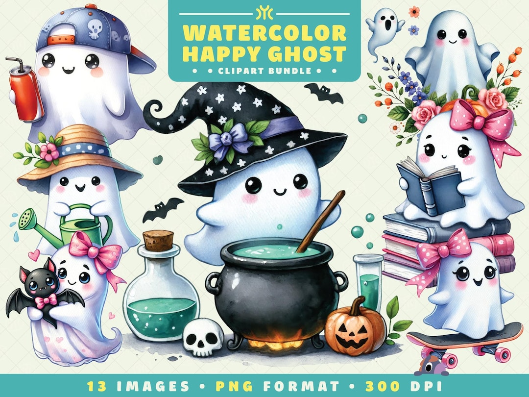 Watercolor Happy Ghost Clipart, 13 PNG Files, High-resolution, Spooky ...
