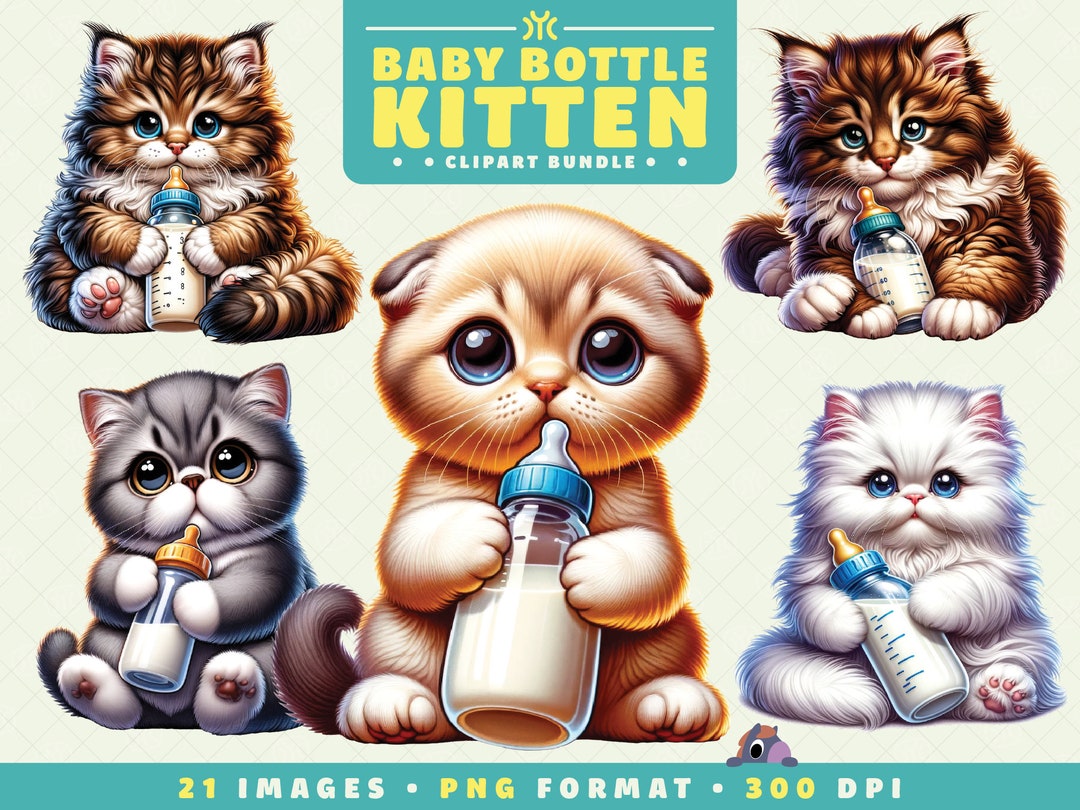 Kitten With Baby Bottle Clipart, Kitten Clipart Bundle, Cat PNG ...