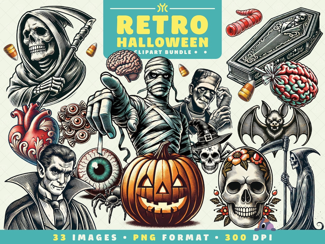 Retro Halloween Clipart, 33 PNG Files, High-resolution, Vintage ...