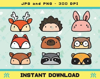 Woodland Animal Faces Clipart Set Cute Animals, Rabbit, Deer, Fox, Frog ...