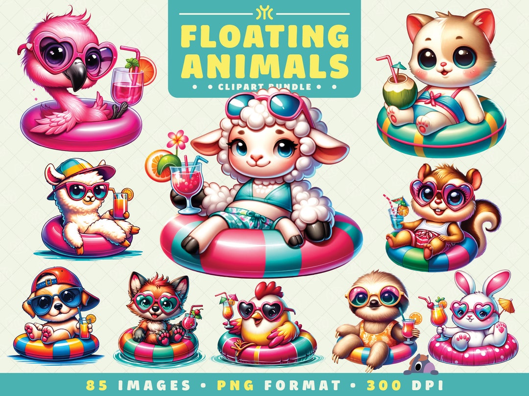 Floating Animals Clipart Bundle, Animals Clipart, Summer PNG, Beach ...