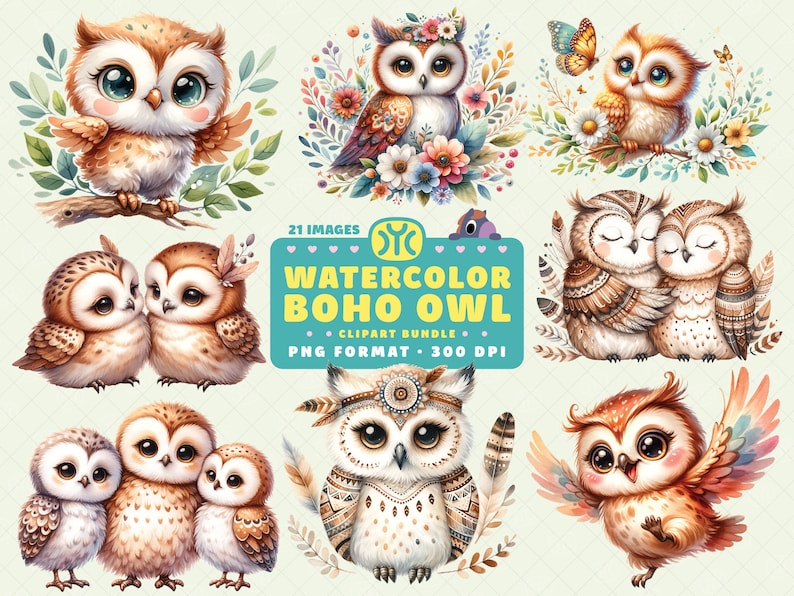 Watercolor Boho Owl Clipart, Owls Clipart, Owl Png, Baby Owl PNG, Cute ...