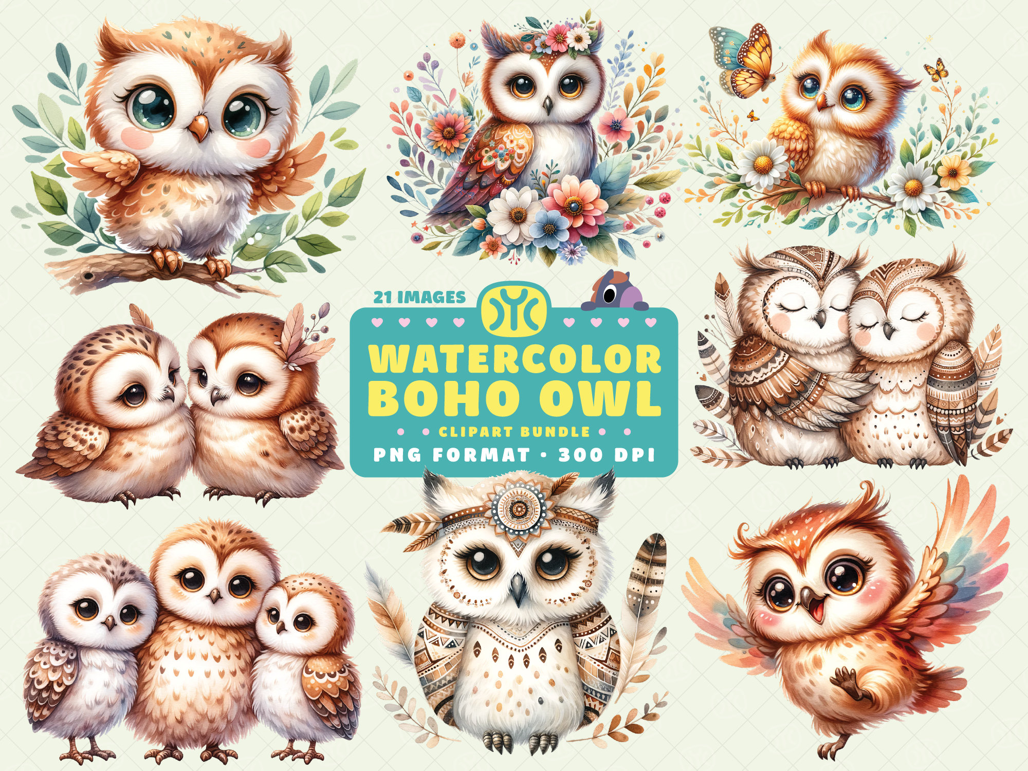 Watercolor Boho Owl Clipart, Owls Clipart, Owl Png, Baby Owl PNG, Cute ...