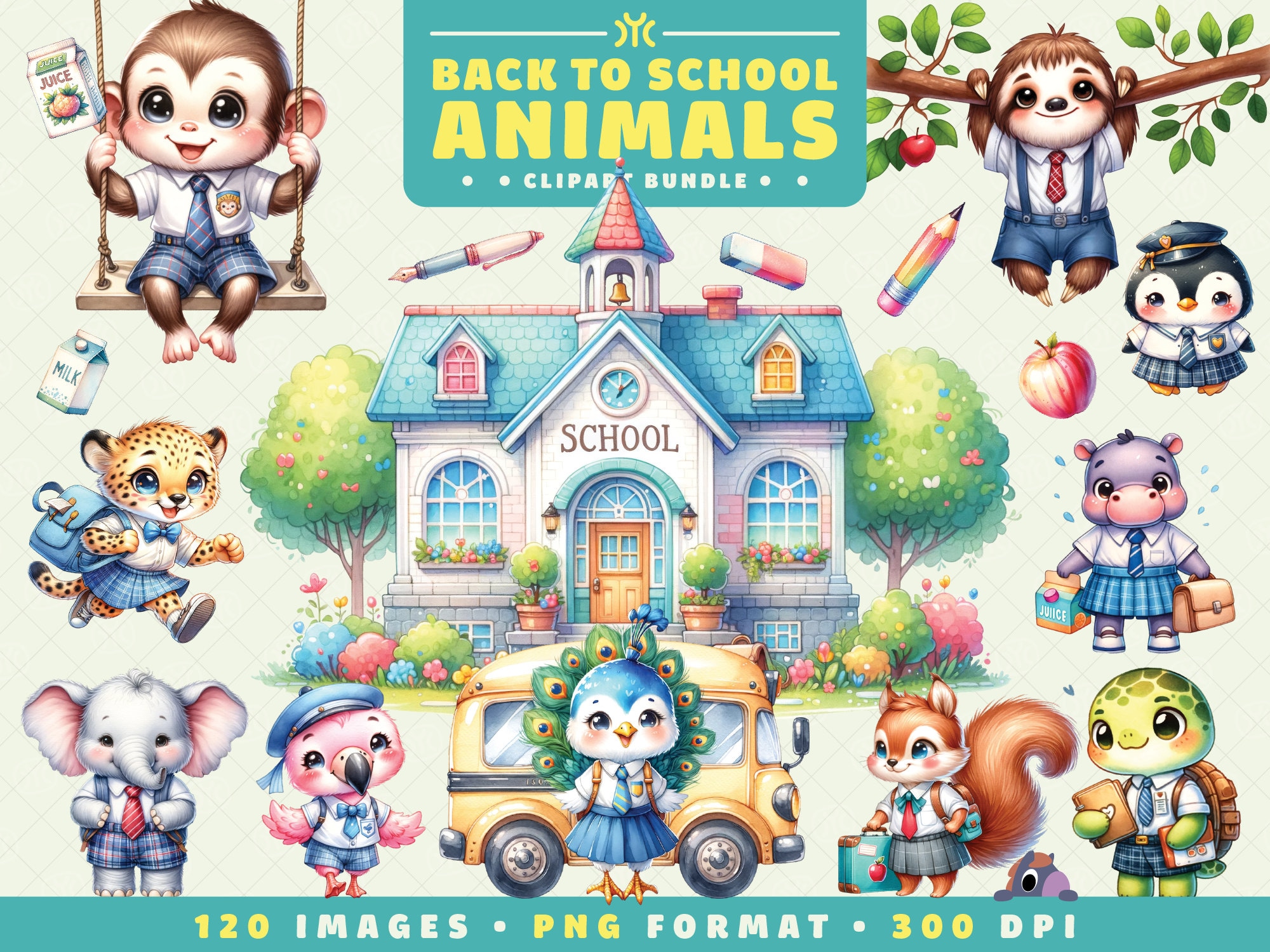 Back to School Animals Clipart, 120 PNG Files, High-resolution, Teacher ...
