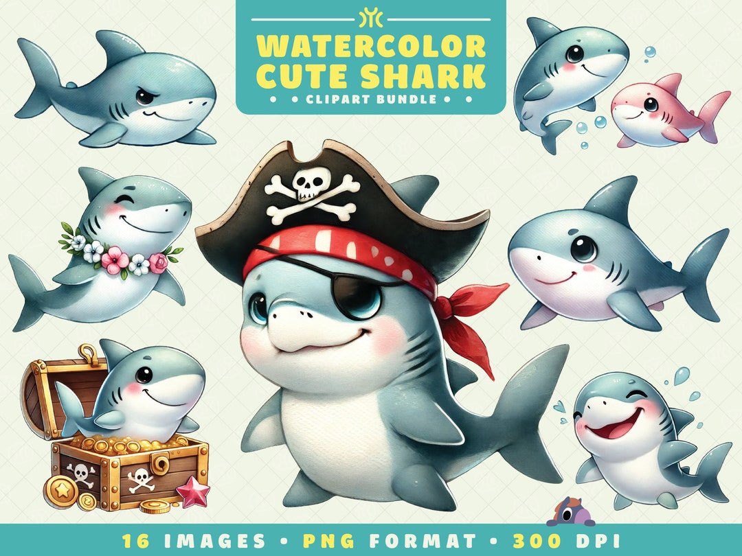 Cute Shark Clipart, 16 PNG Files, High-resolution, Fish Clipart, Ocean ...