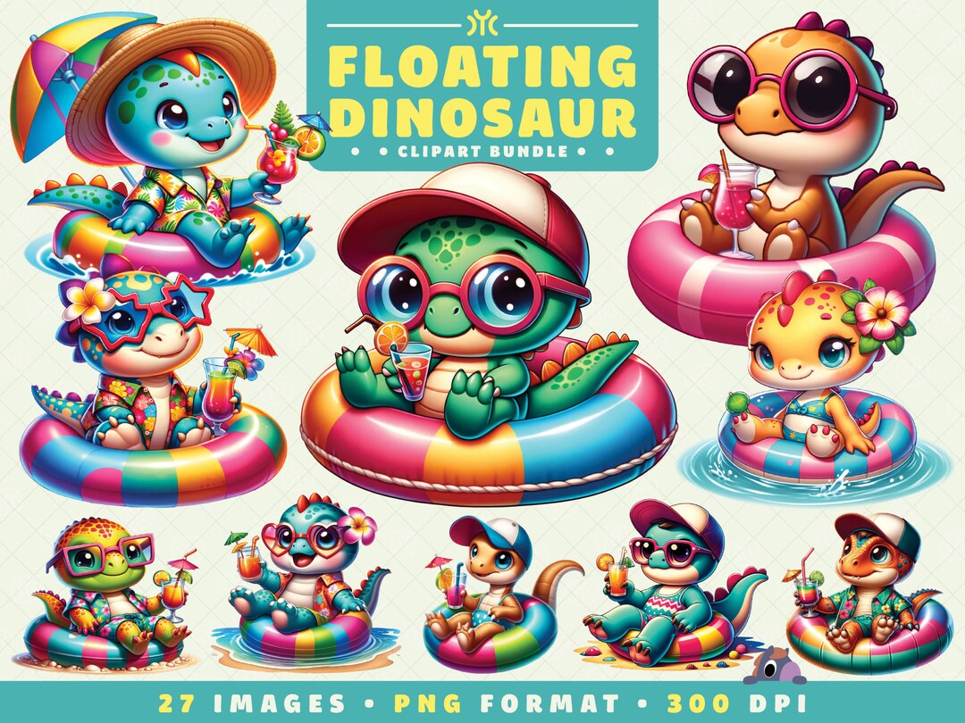 Floating Dinosaur Clipart Bundle, Animals Clipart, Summer PNG, Beach ...
