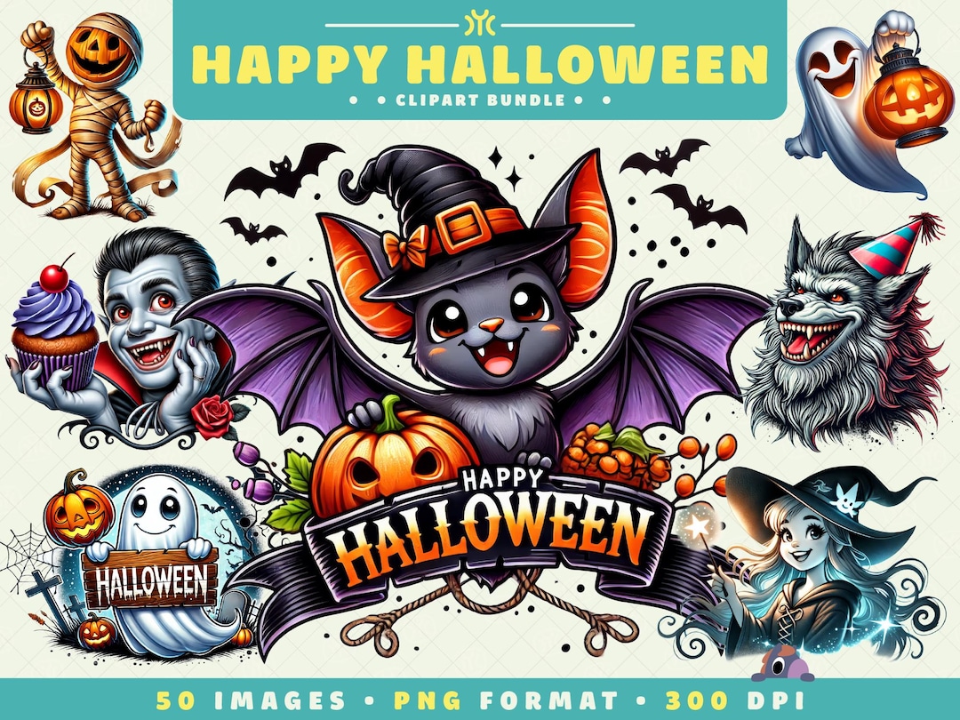 Happy Halloween Clipart, 50 PNG Files, High-resolution, Festive Spooky ...