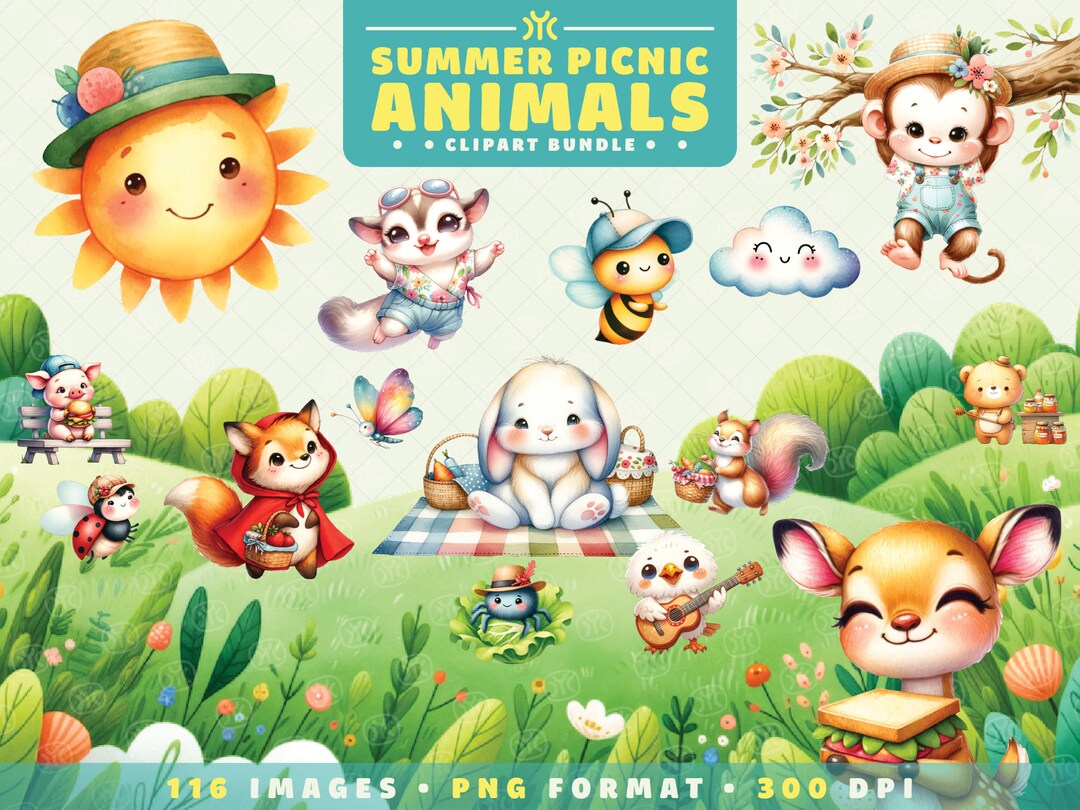 Adorable Summer Picnic Animals Clipart, 116 PNG Files, Digital Download ...
