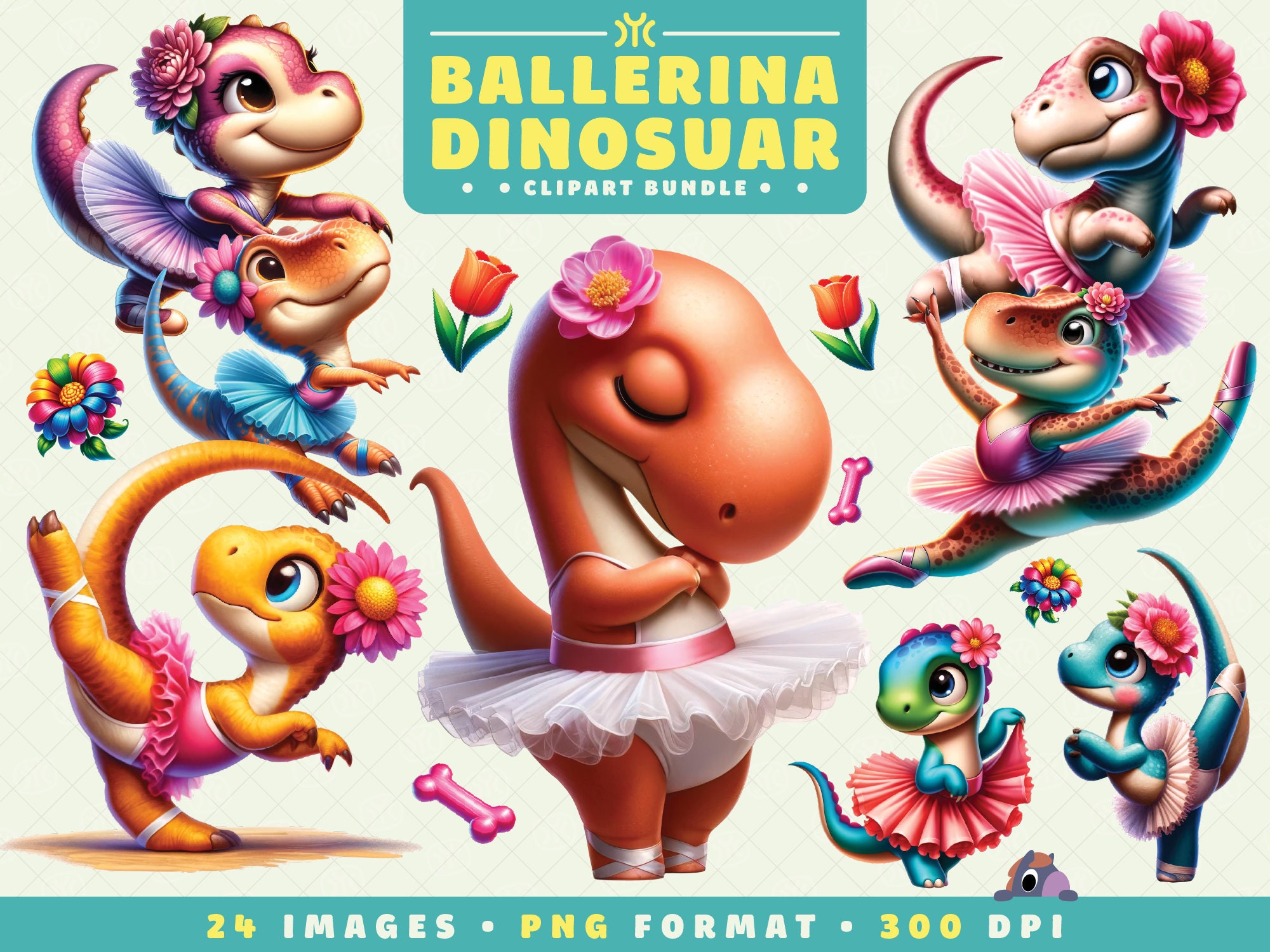 Ballerina Dinosaur Clipart, Watercolor Clipart, Pink Ballet PNG ...
